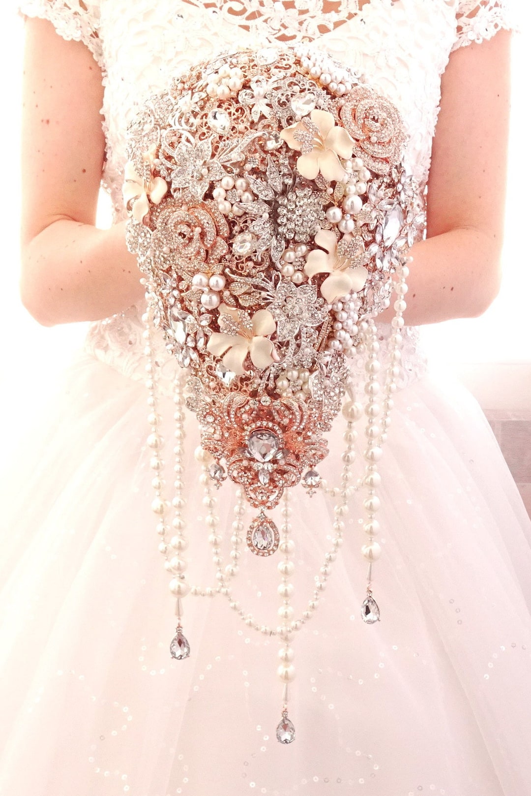 Fall Wedding Brooch Bouquet. Autumn Long Cascading Rose Gold and Silver ...