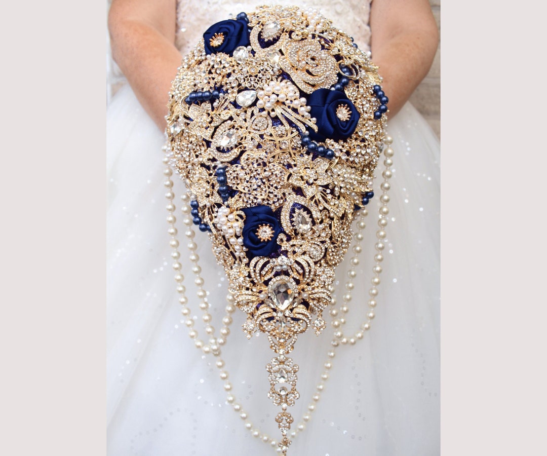 Navy Blue Brooch Bouquet. Gold Cascading Wedding Bouquet. Full Jeweled ...
