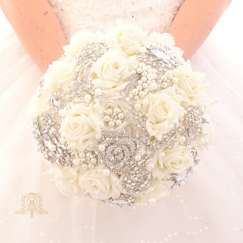 White Wedding Bouquet. Silver Bridal Bouquet. Brooch Bouquet. - Etsy