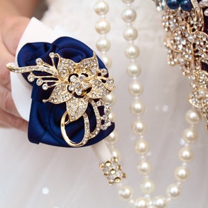 Navy Blue Brooch Bouquet. Gold Cascading Wedding Bouquet. Full Jeweled ...