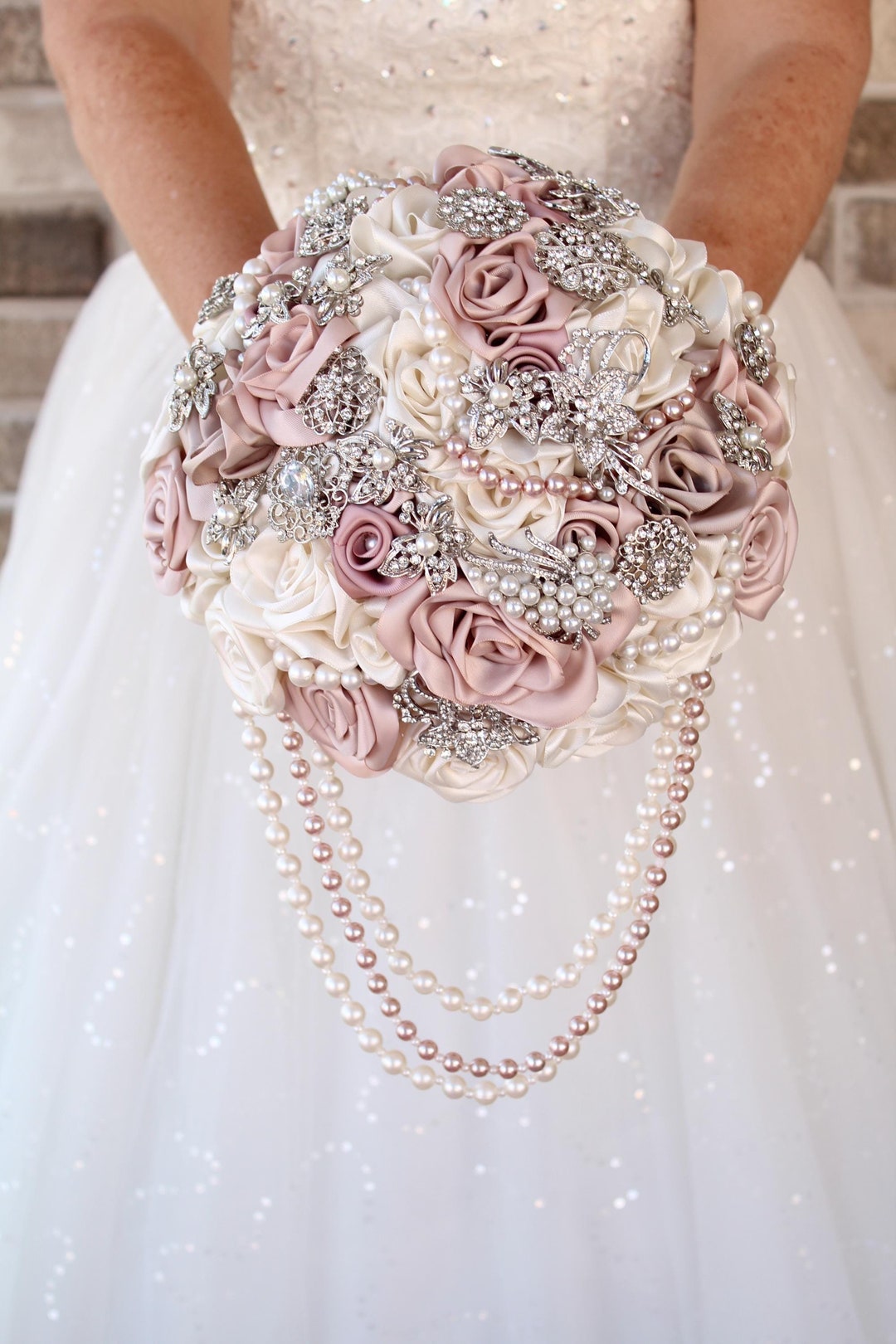 Silver Blush Pink Brooch Cascading Bouquet. Dusty Pink Bouquet. Bridal ...