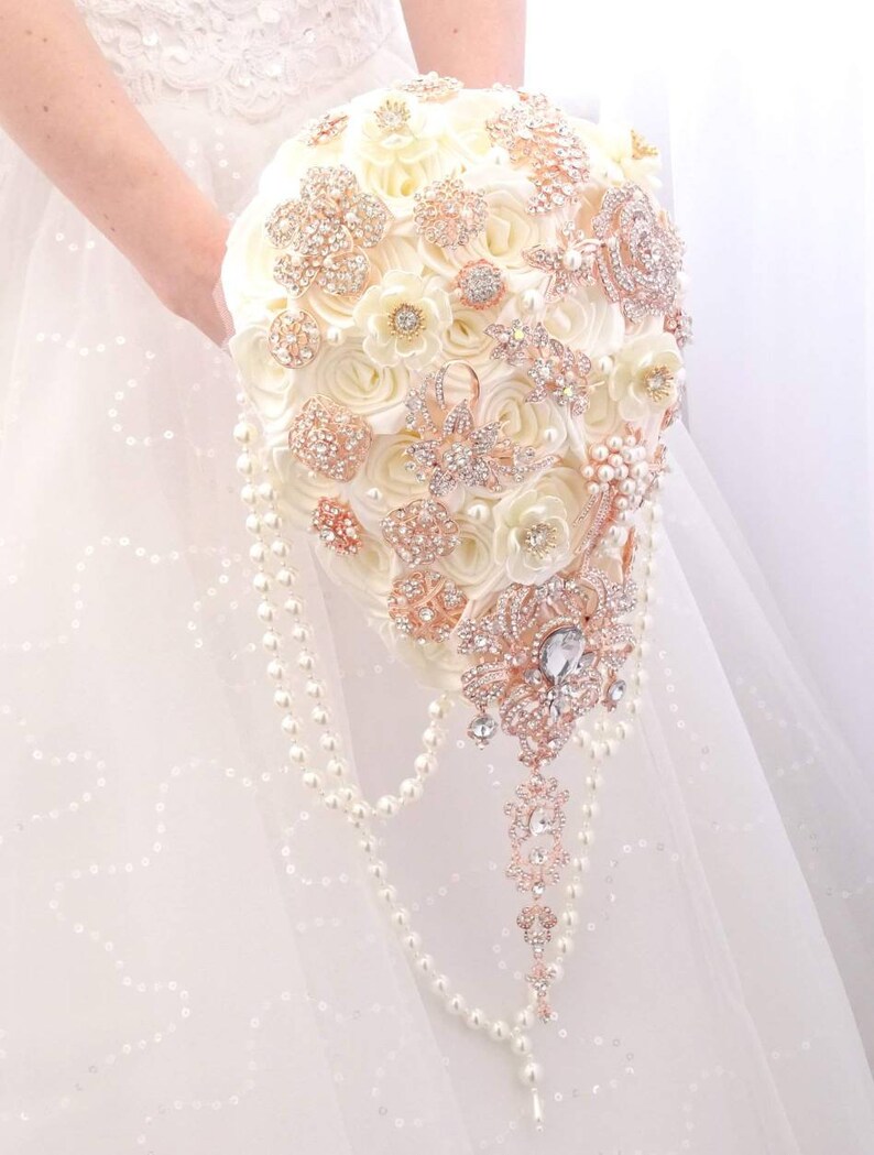 Wedding Rose Gold Ivory Cascade Teardrop Brooch Bouquet | Etsy