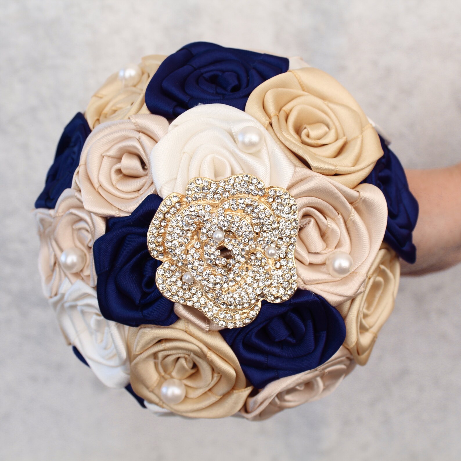Gold Wedding Cascade Bouquet. Brooch Bouquet. Navy Blue Bridal Bouquet ...