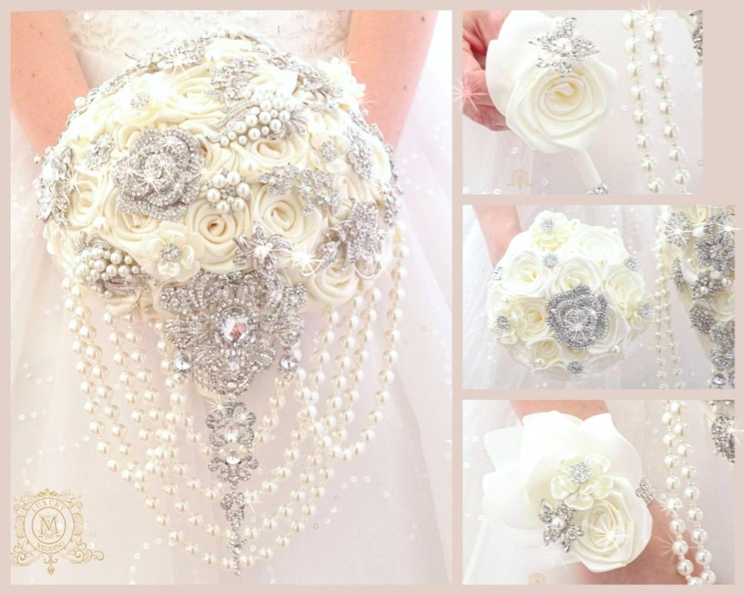 White Wedding Bouquet. Silver Bridal Bouquet. Brooch Bouquet. Ivory ...