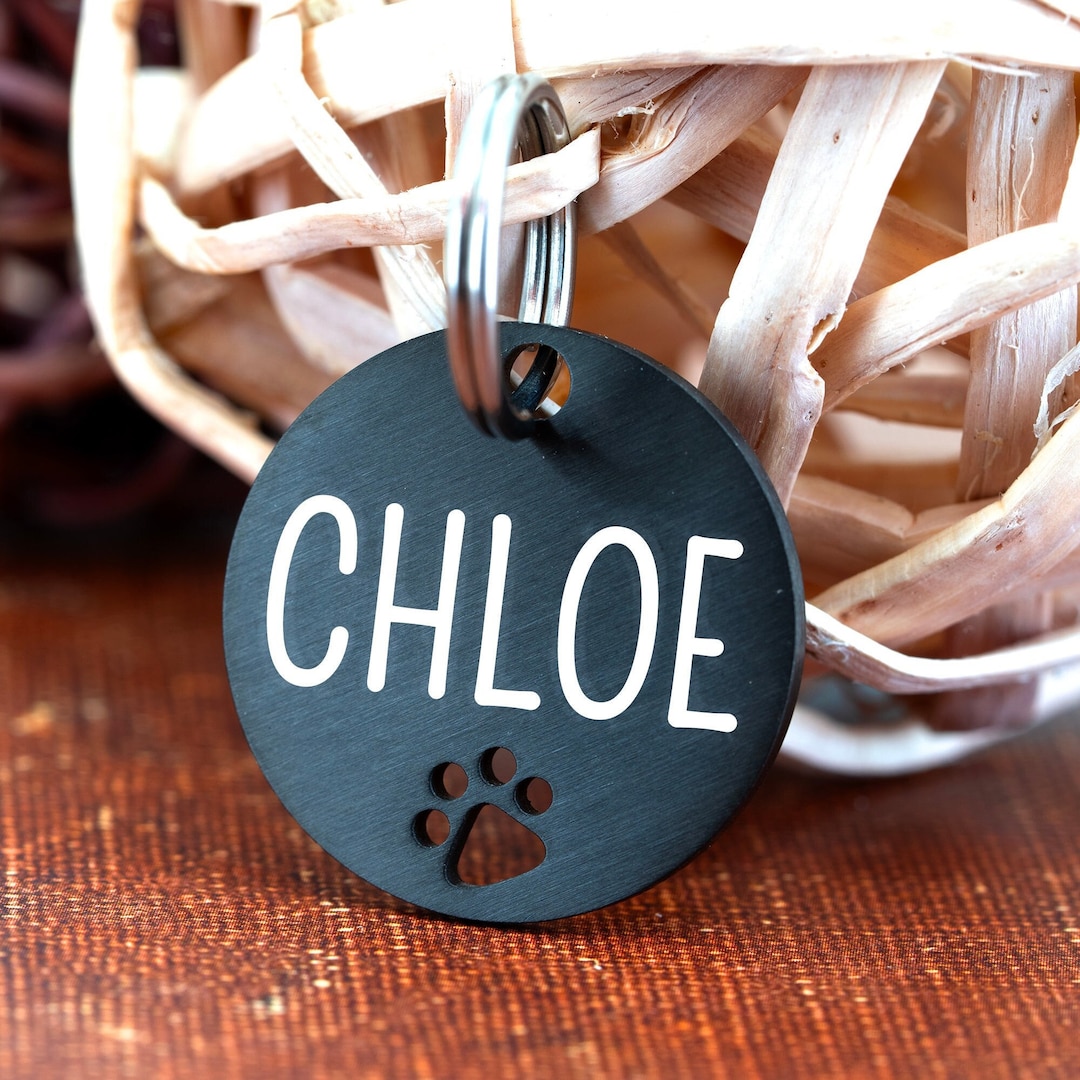 Dog Tag Personalized, Custom Dog Tag, Round Paw Cutout Black Rose Gold ...