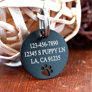 Dog Tag Personalized, Custom Dog Tag, Round Paw Cutout Black Rose Gold ...