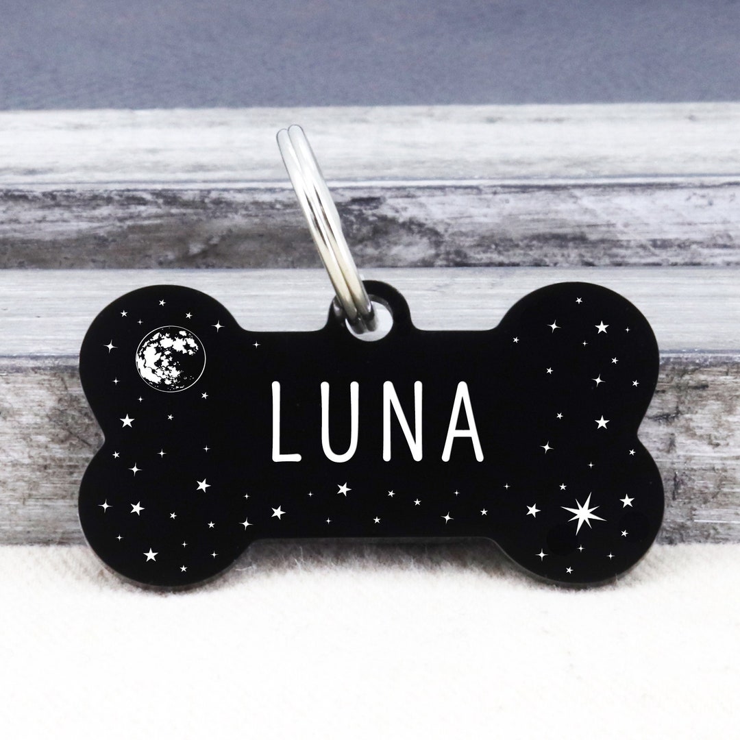 Dog Name Tag, Moon Luna Stars Space Dog Tag, Engraved Dog Tag, Cute Dog ...