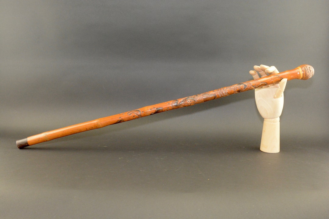 Antique Japanese Bamboo Walking Cane With Samurai Warrior and Snake ...