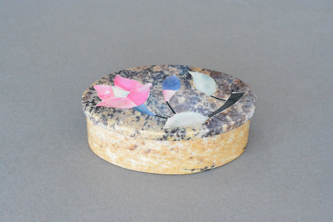 Vintage Carved and Inlaid Stone Box - Etsy
