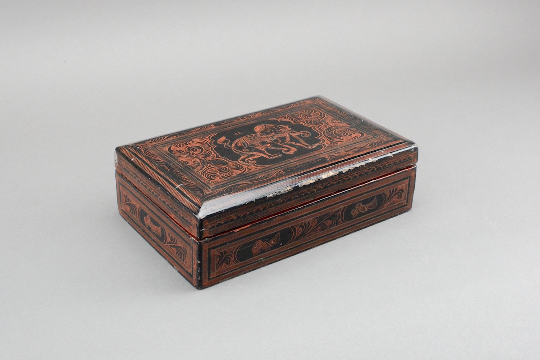 Antique Indian Lacquer Box With Elephant and Bird Decoration Circa.1920 ...