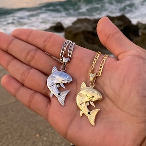14k Gold Vermeil Redfish V.2 Necklace, Redfish in Action Charm, Red ...