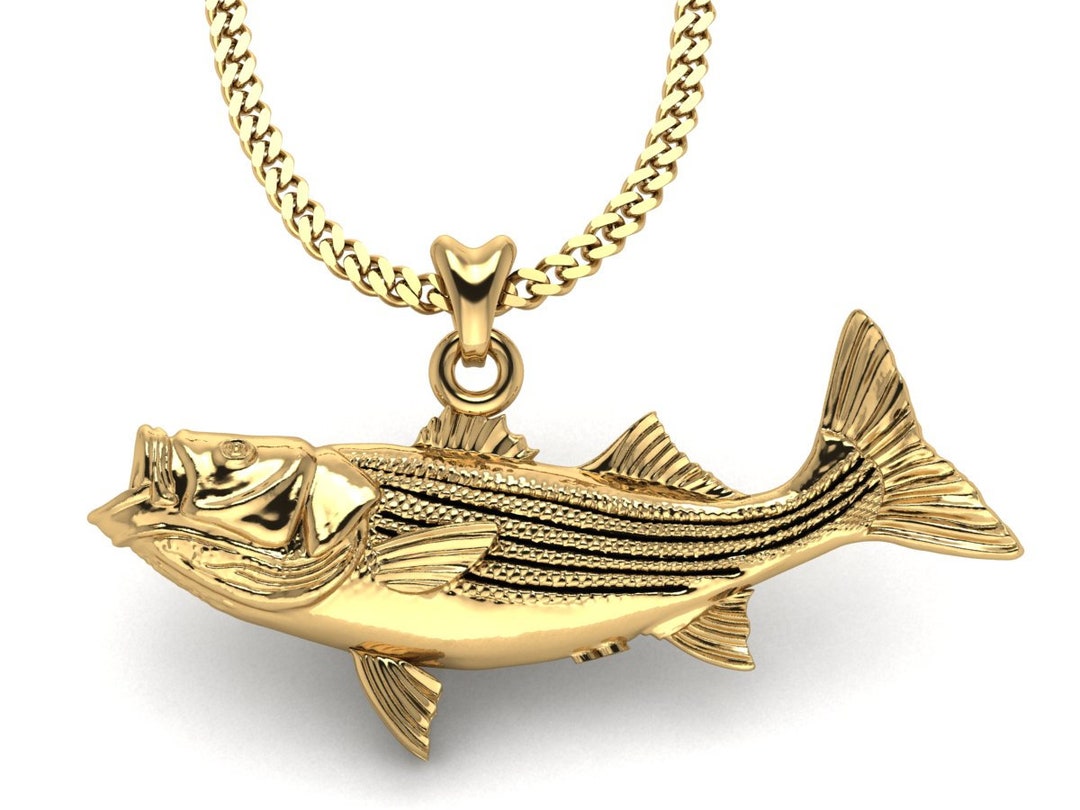 14k Gold Striped Bass Fish Necklace, Striper Fish Charm, Bass Pendant ...