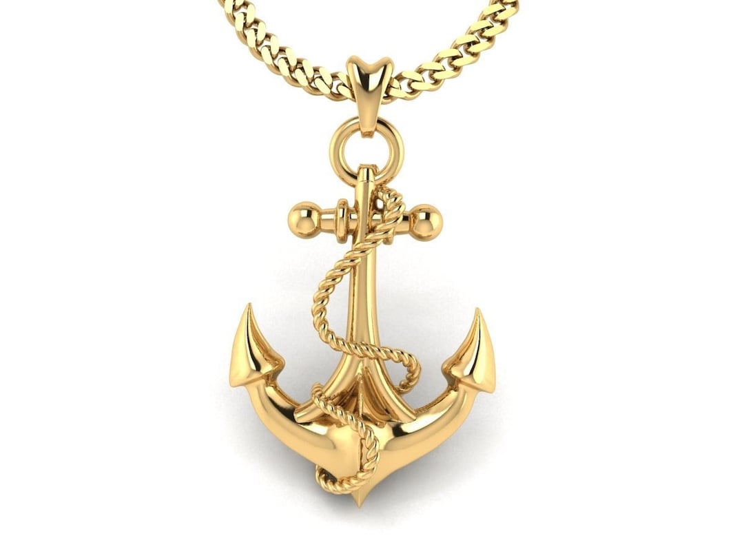 14k Gold Anchor Necklace. Double Sided, Solid 3D Anchor Pendant With ...