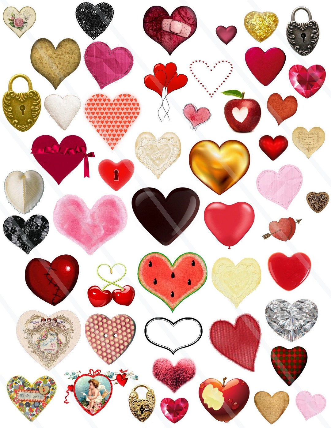 Digital Collage Sheet Hearts Clipart PNG Hearts Images JPEG Images ...