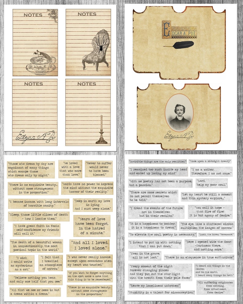Edgar Allan Poe Junk Journal Ephemera, Ephemera Pack Post Card, Tag ...