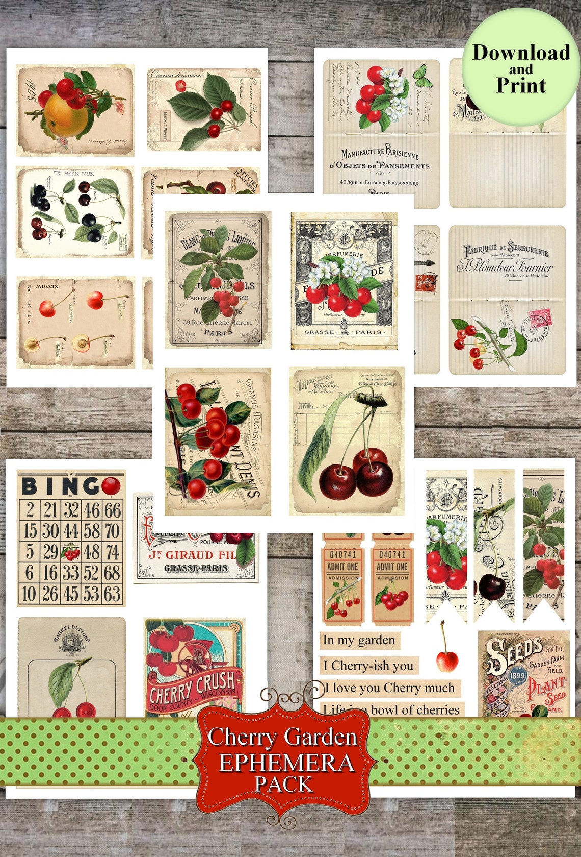 Cherry Junk Journal Ephemera Kit - Vintage Botanical Cherries, Summer ...