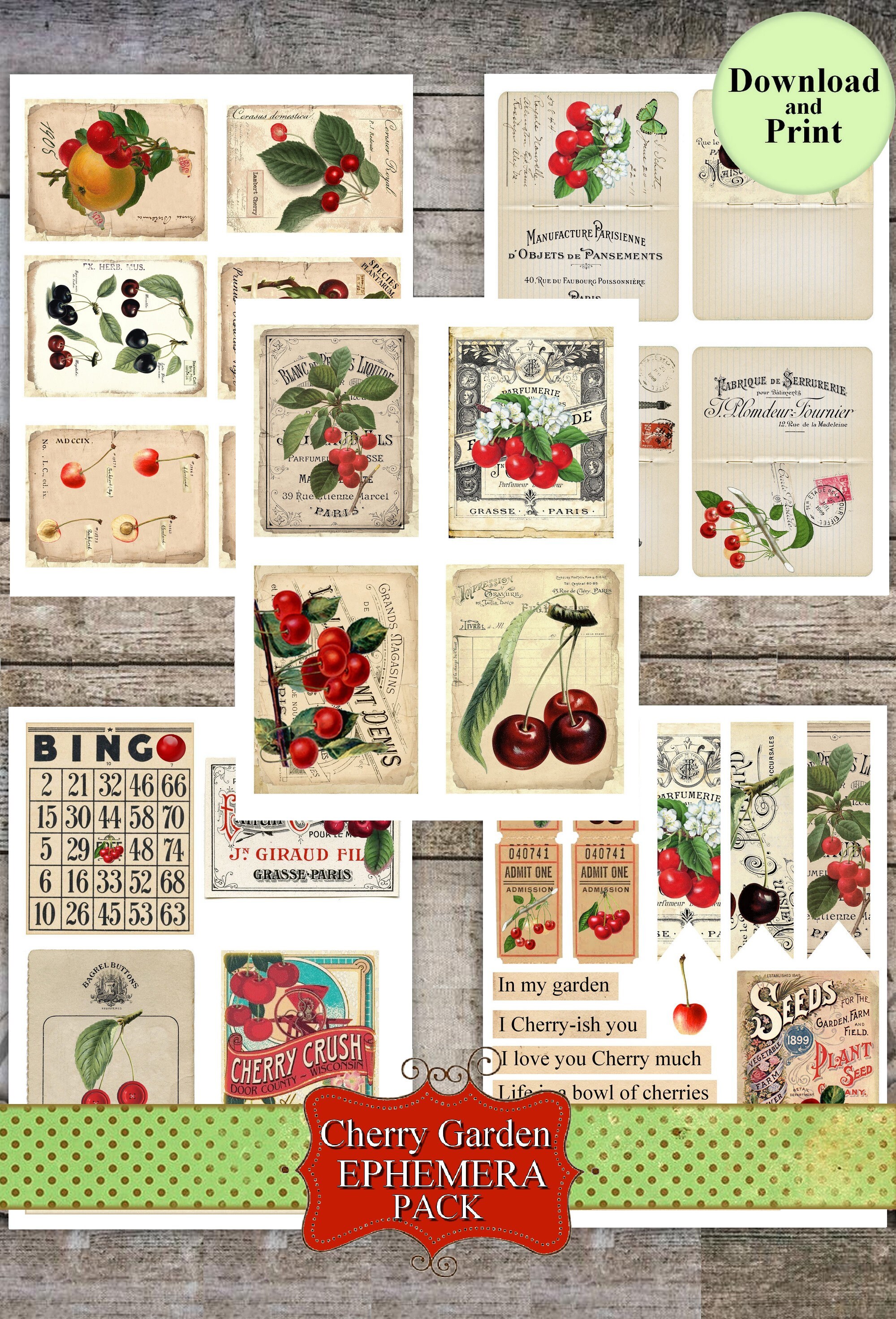Cherry Junk Journal Ephemera Kit - Vintage Botanical Cherries, Summer ...