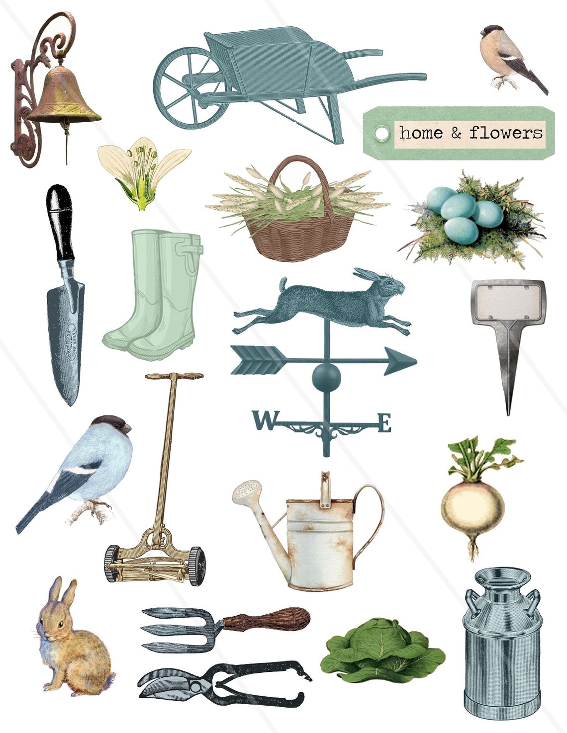 Vintage Farmhouse Decor Clipart - Digital Collage Sheets, Country and ...