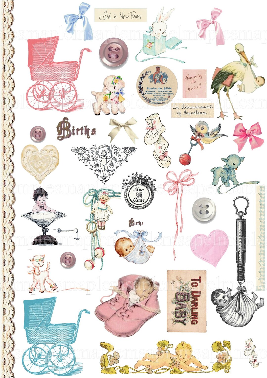 Baby Birth Digital Collage Sheet - PNG and Jpeg Files Printable Paper Gender Reveal Birth ...