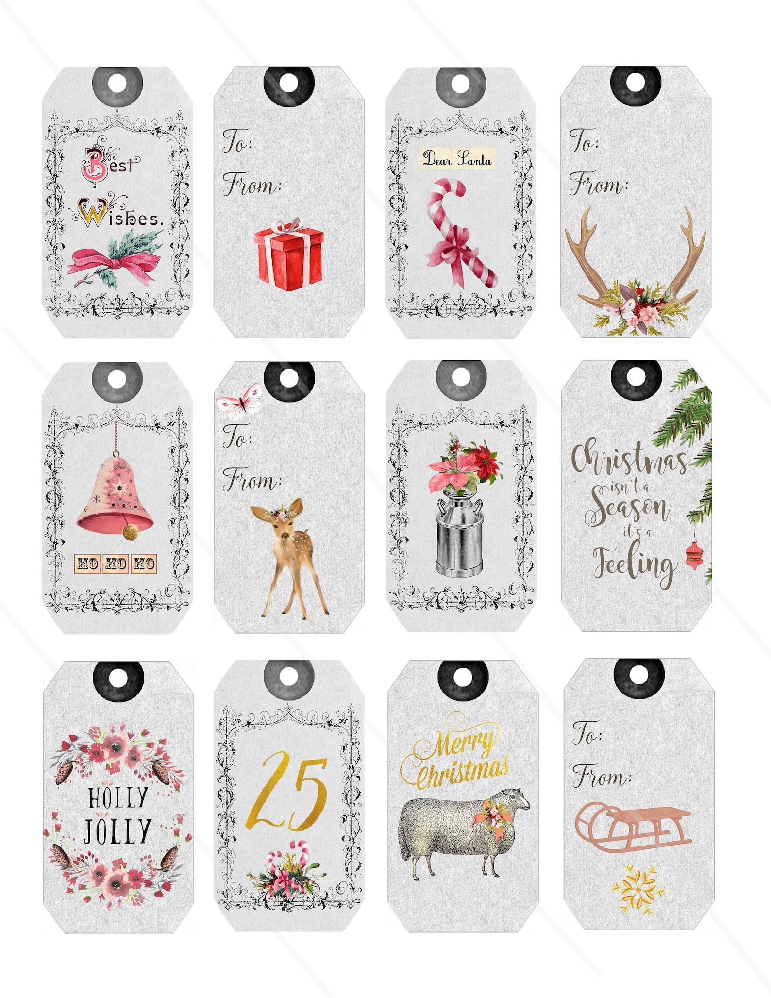 Retro Christmas Tags Printable Gift Tags Hang Tags Journaling Craft ...