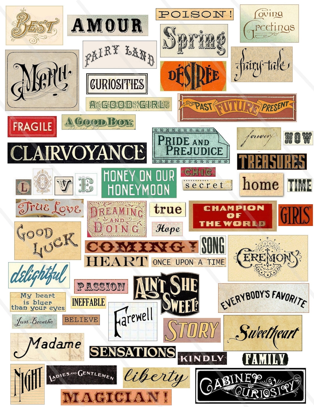 Digital Collage Sheet Words Phrases Vintage Words Antique Words ...