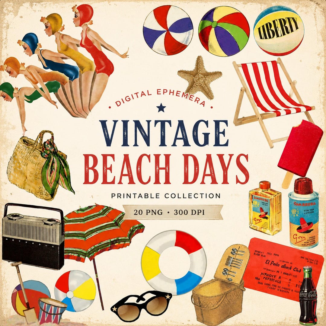 Retro Beach Summer Clip Art Vintage Digital Collage Sheet Swimming Pool ...