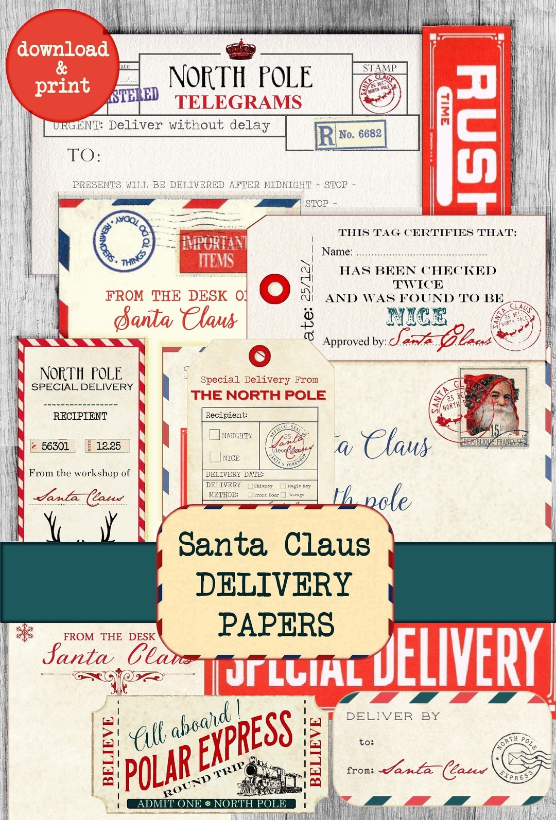 Santa Claus Delivery Papers, Envelope, Tags, Cards, Labels, Santa ...