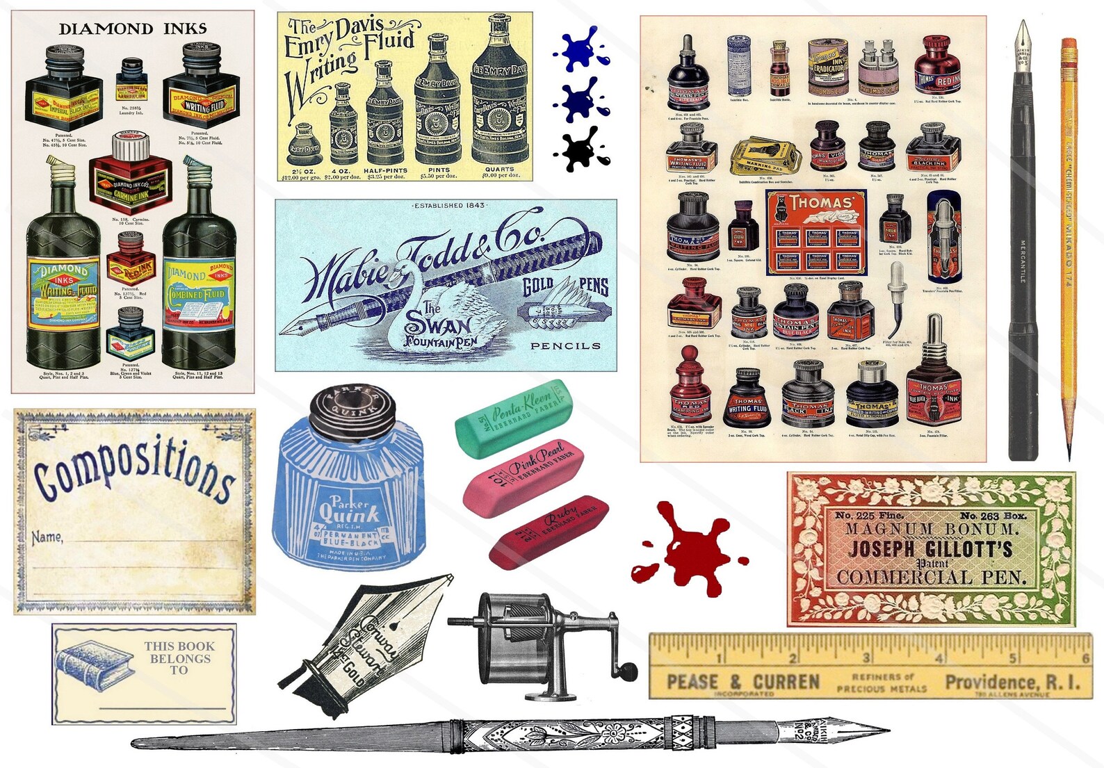 Vintage Pens Clip Art Digital Collage Sheet Fountain Pen - Etsy