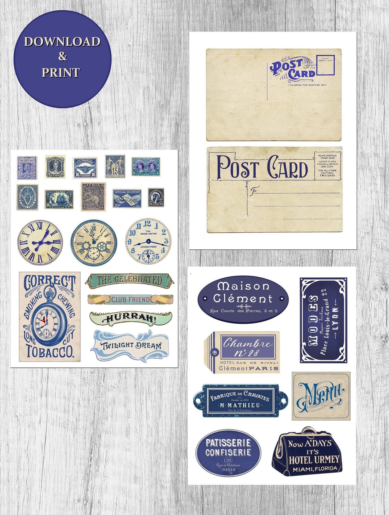 Blue Ephemera Pack Instant Download, Printable, Digital Collage, Diary ...
