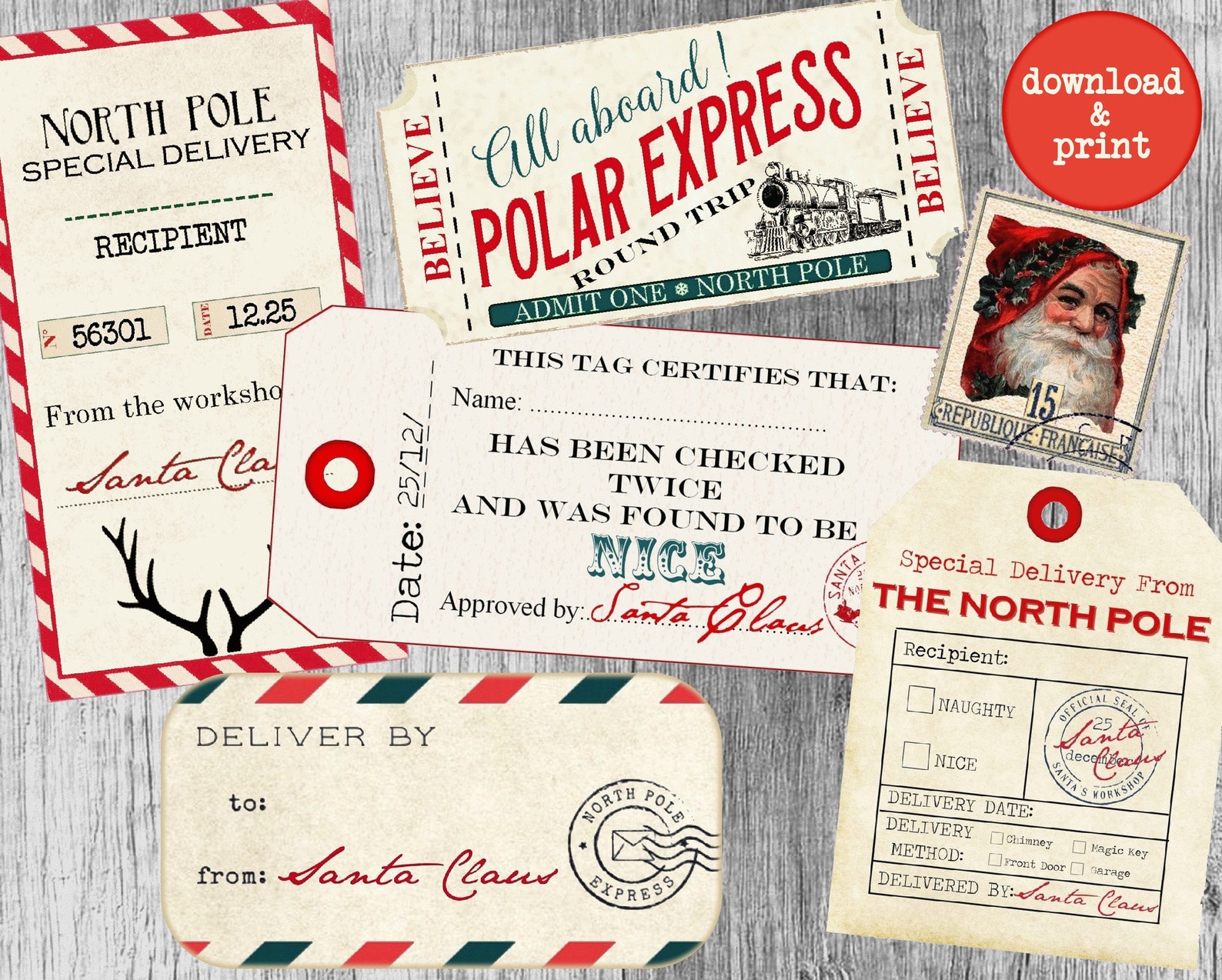 Santa Claus Delivery Papers, Envelope, Tags, Cards, Labels, Santa ...