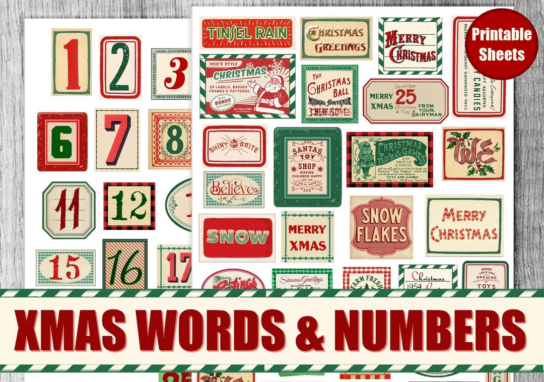 Vintage Christmas Number and Words Labels, Junk Journal, Tags, Random ...