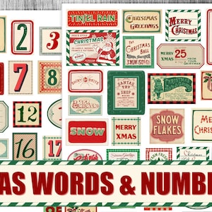 Vintage Christmas Number and Words Labels, Junk Journal, Tags, Random ...