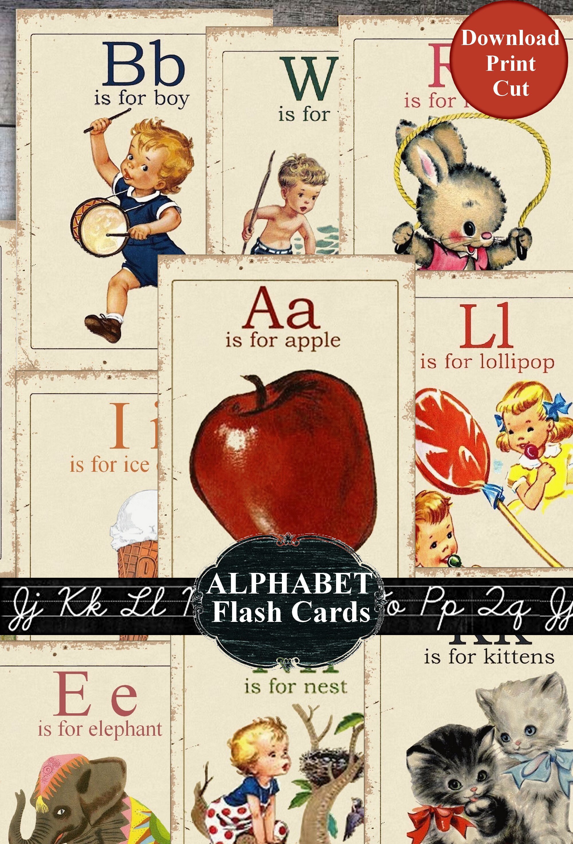 Alphabet Flash Cards ABC Vintage Digital Printable For, 40% OFF