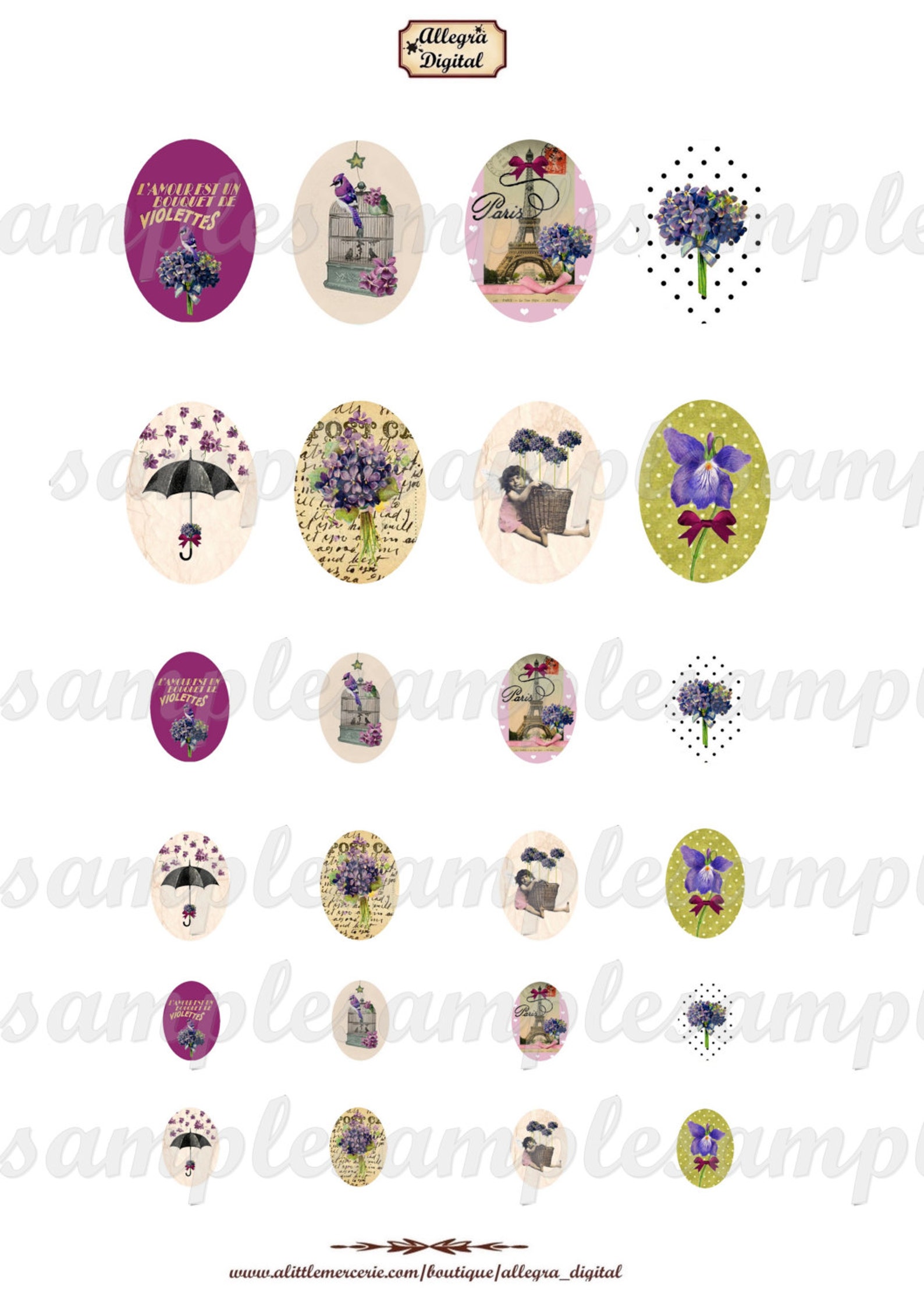 Digital Collage Sheet Oval Vintage Violets Flowers Oval Cabochon, Oval ...