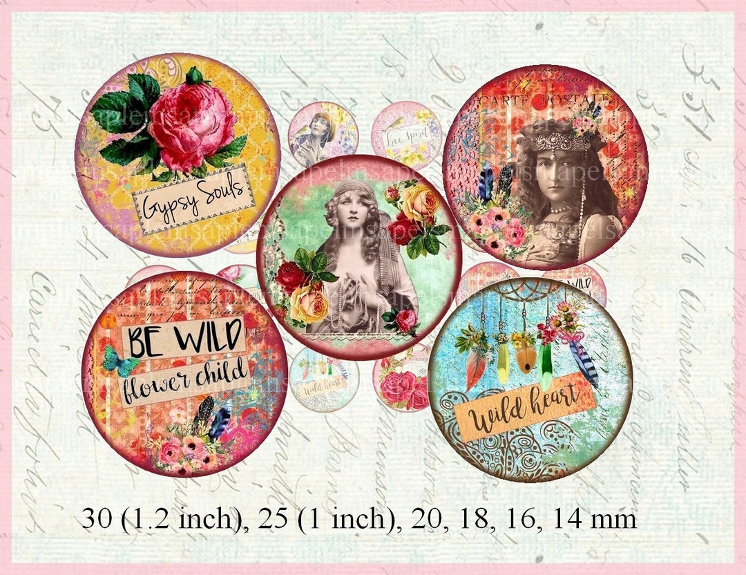 Digital Collage Sheet Circles Gypsy Bohemian Vintage, Bottlecap Images ...