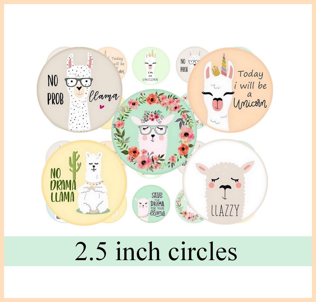 No Drama Llama Digital Collage Sheet 2.5 Inch Circles Hand Drawn Quirky ...