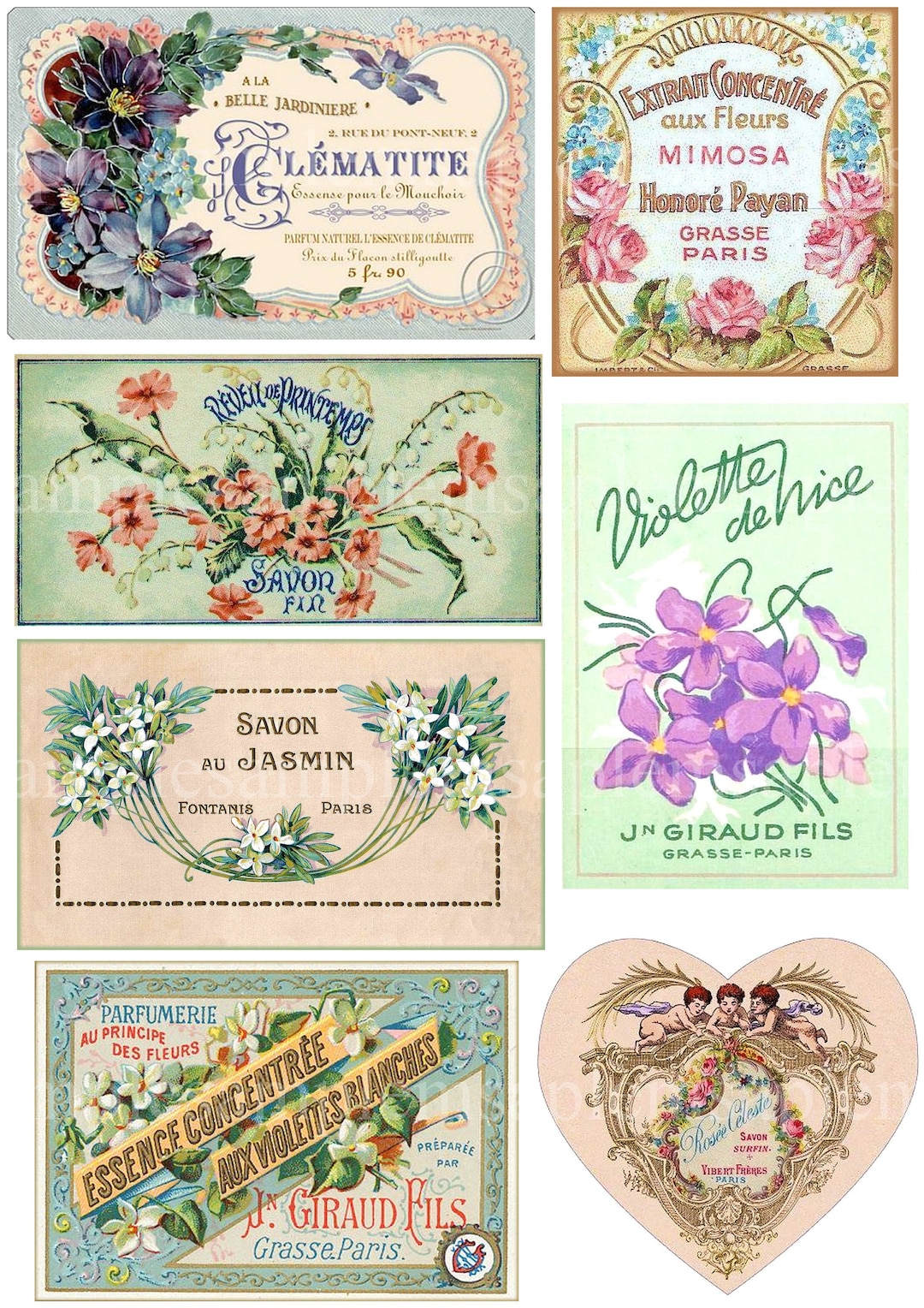 Digital Collage Sheet French Perfume Cologne Labels, 7 Labels, Vintage ...