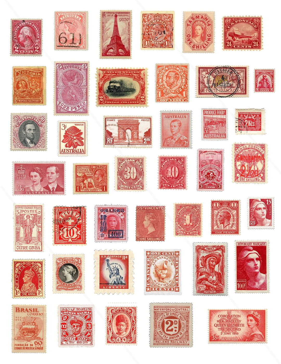 Vintage RED Postage Stamps, Printable Old Postage Stamps Red Ephemera ...