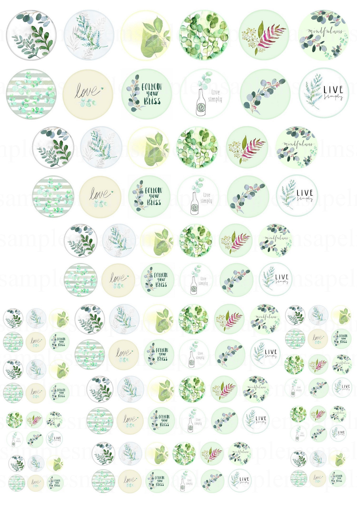 Greenery Inspirational Digital Collage Sheet Circles Bottlecap Image ...