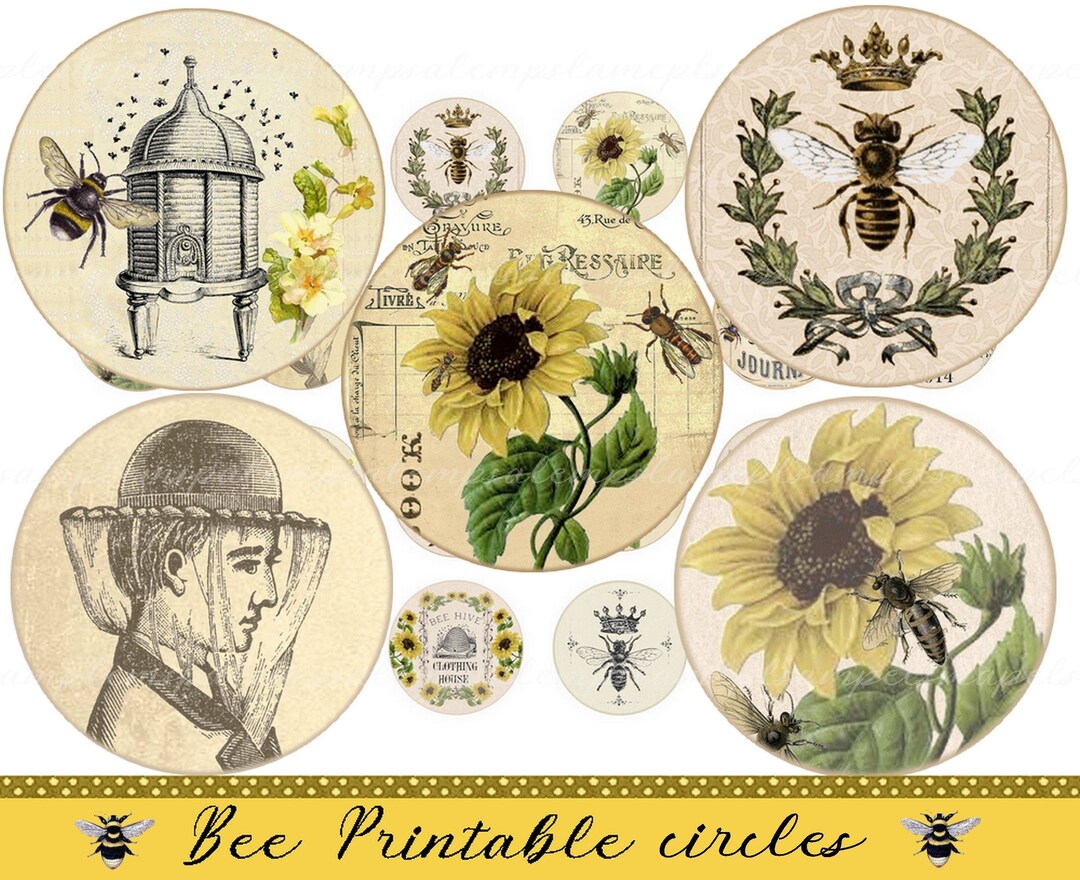 Bee Digital Collage Sheet 1 Inch Circles and More Vintage Bee Buzy Bee ...