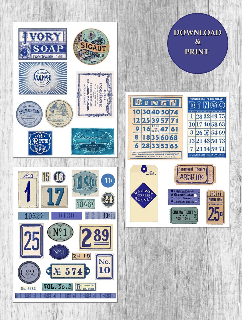 Blue Ephemera Pack Instant Download, Printable, Digital Collage, Diary ...