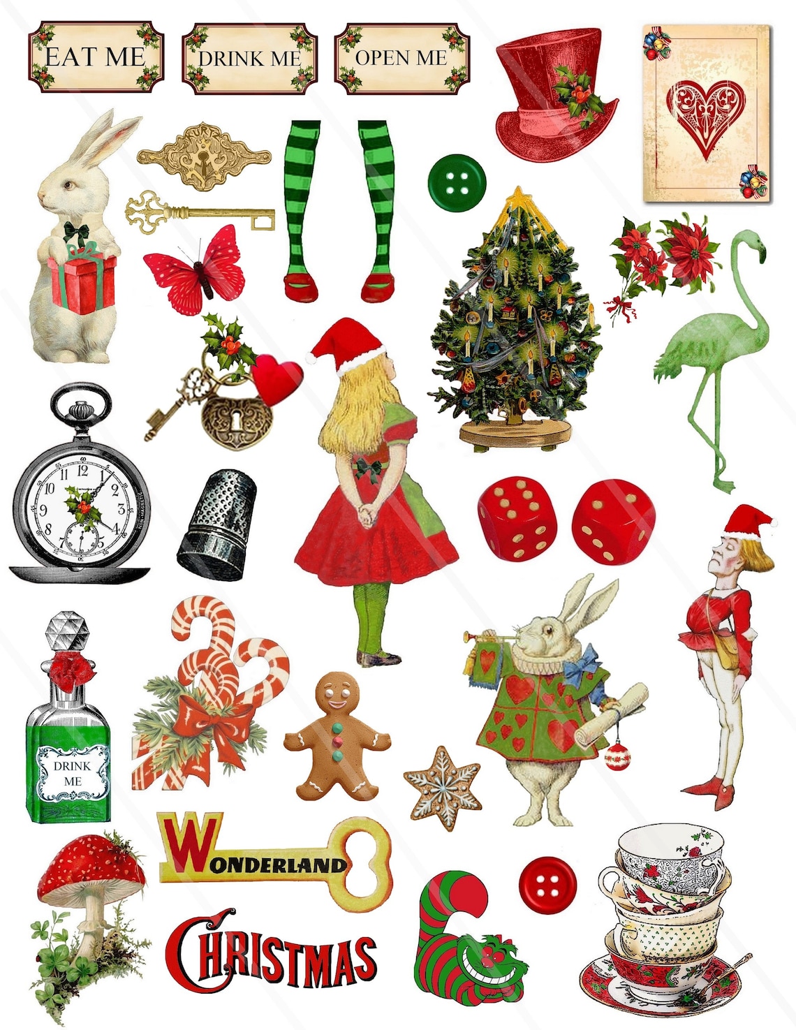 Alice in Wonderland Christmas Clip Art Collage Sheet Alice Watercolor ...