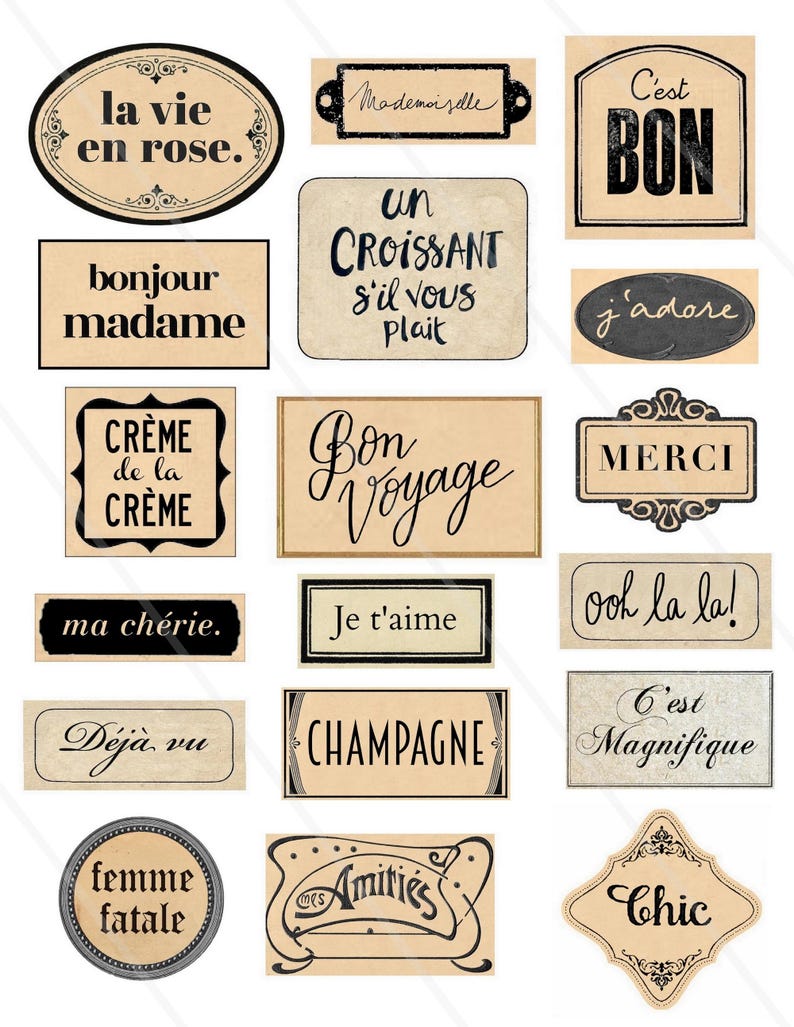 French Words & Inspirational Phrases Digital Collage Sheet – Vintage ...