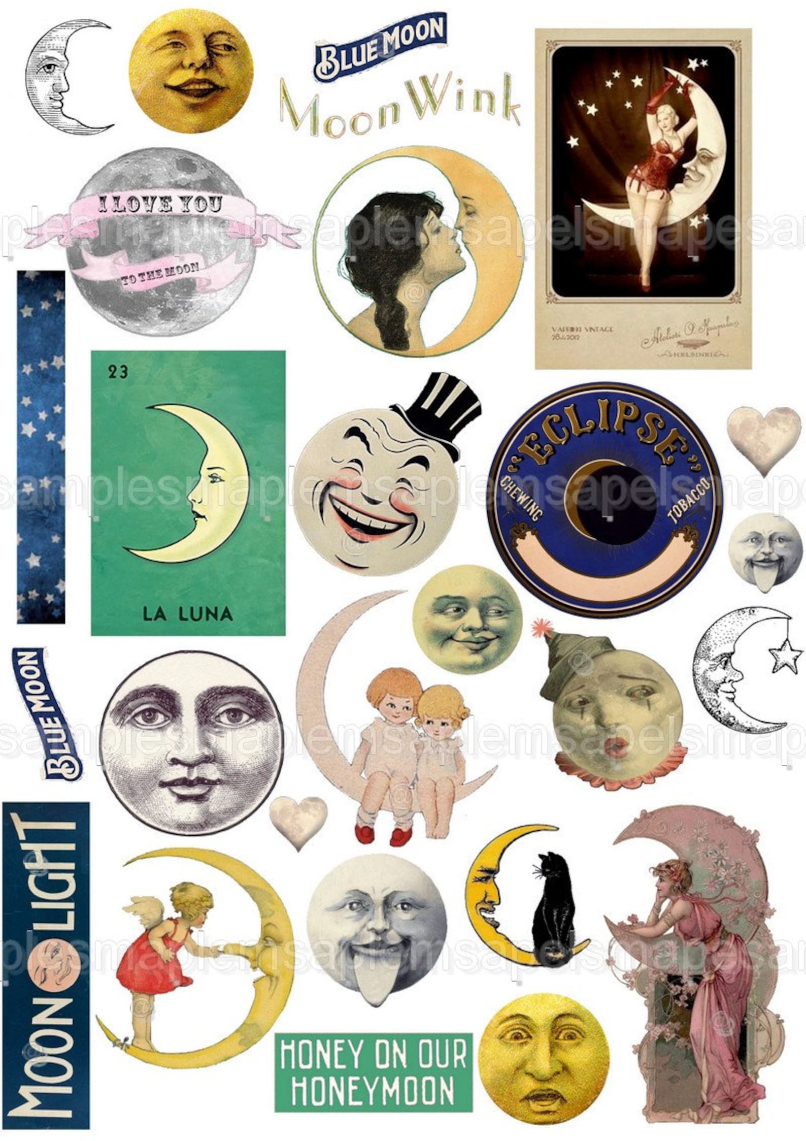 Vintage Moon Ephemera Clip Art, Printable Moon Collage Sheet, PNG ...