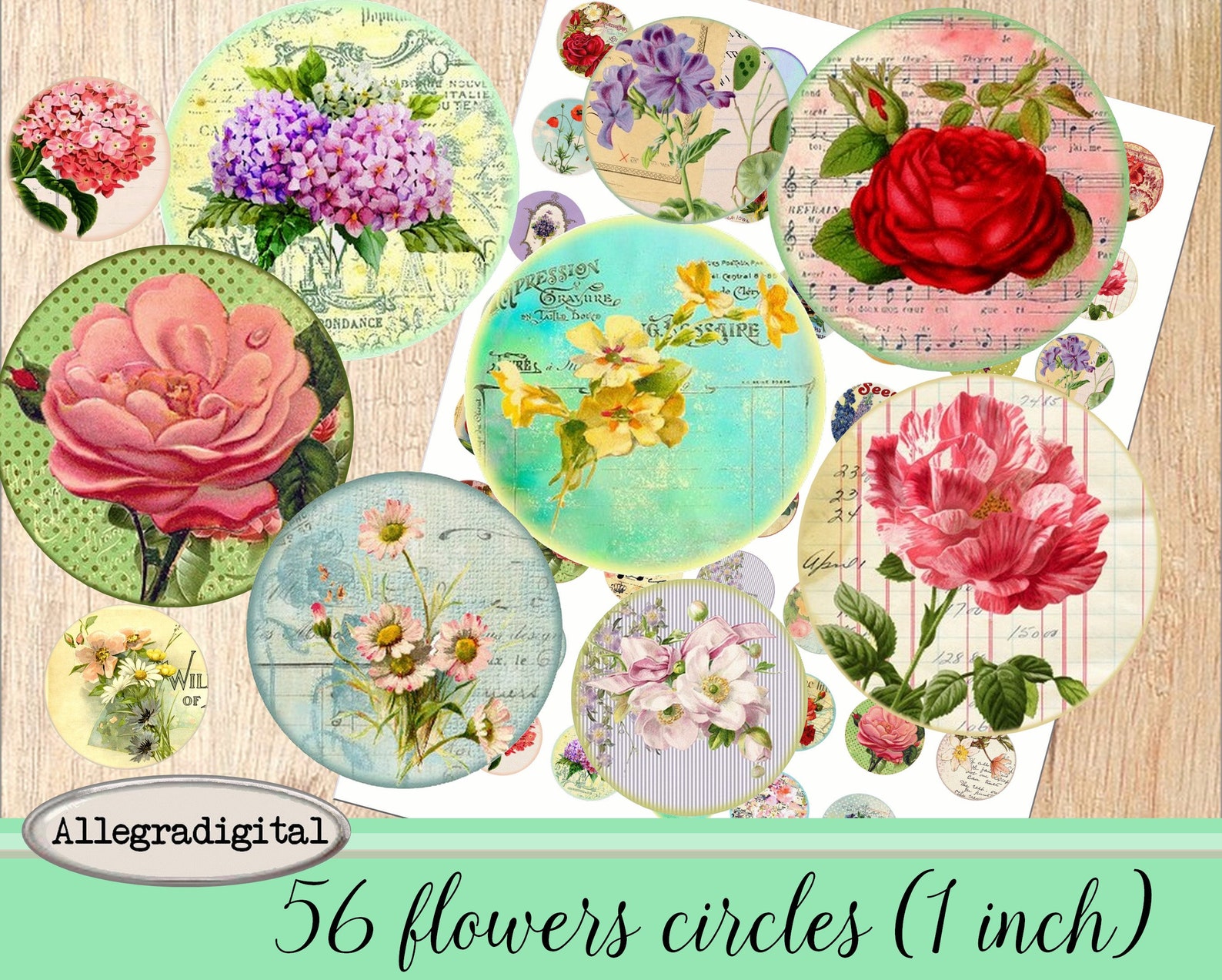 Vintage Flowers Circles 1 Inch Flowers Roses Shabby Chicinstant ...