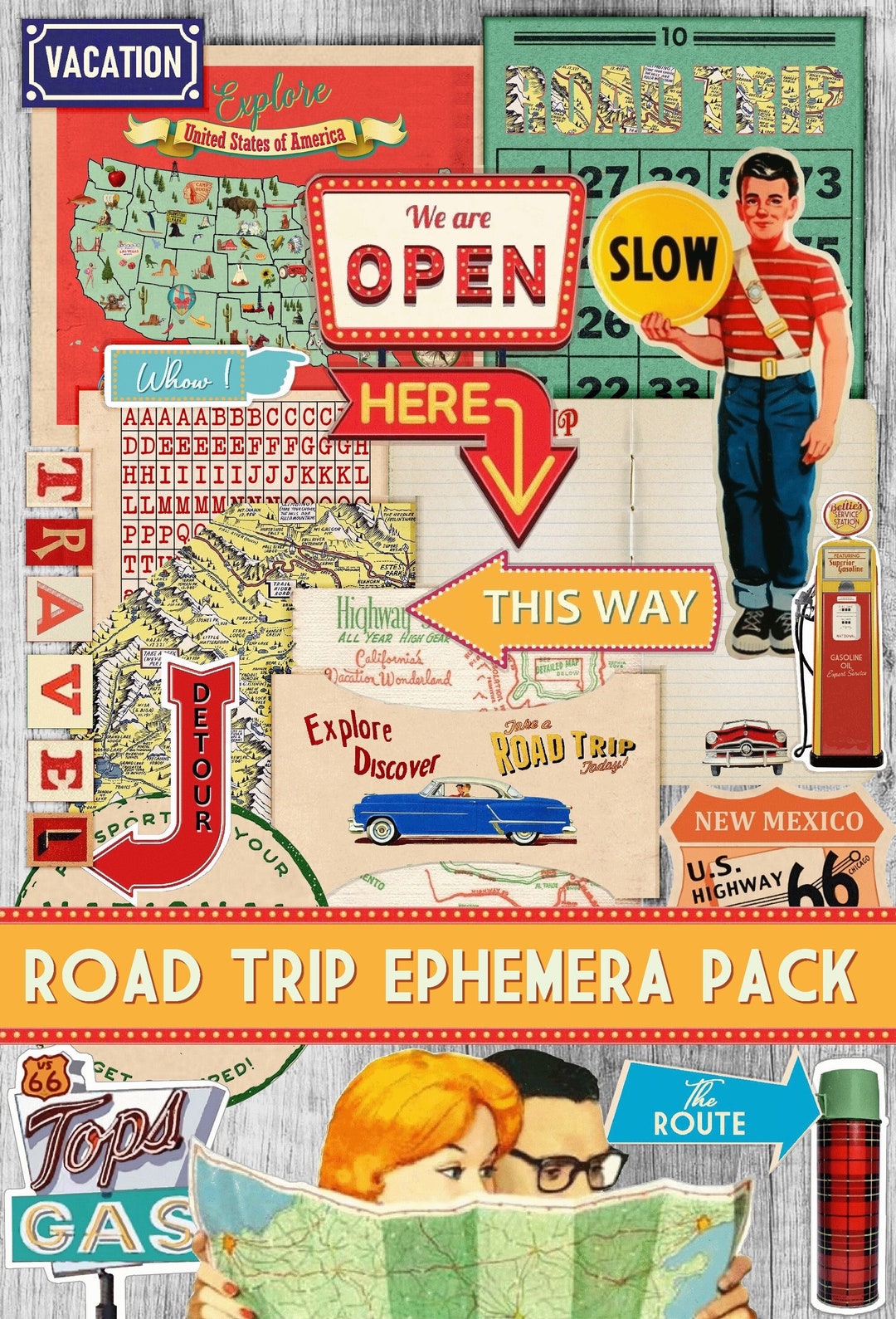 Vintage Road Trip Traveler Journal Ephemera Pack Travel Summer ...