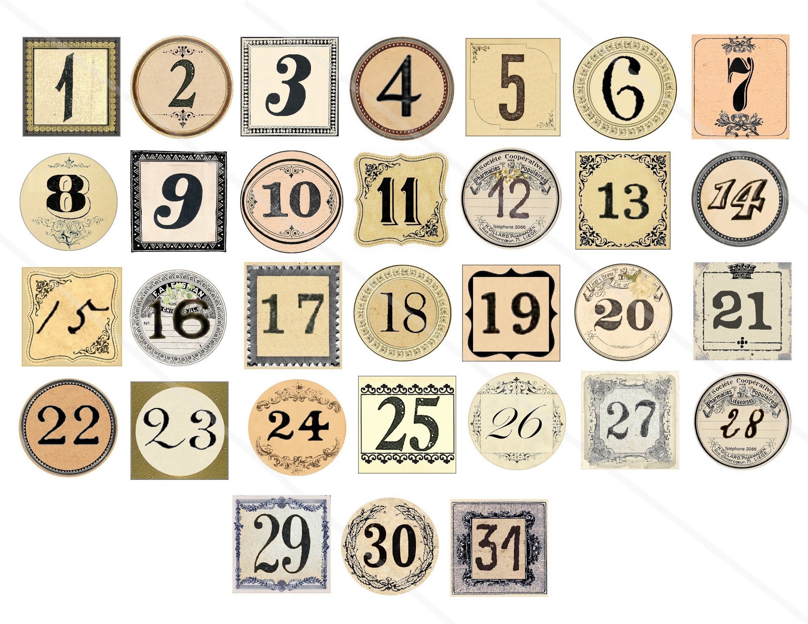 Vintage Calendar Numbers Labels Days and Months Tags for Junk - Etsy Canada