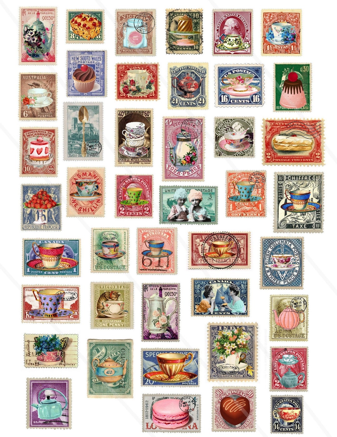 Printable Stamps Tea Party Ephemera, Junk Journal Supplies, Vintage ...