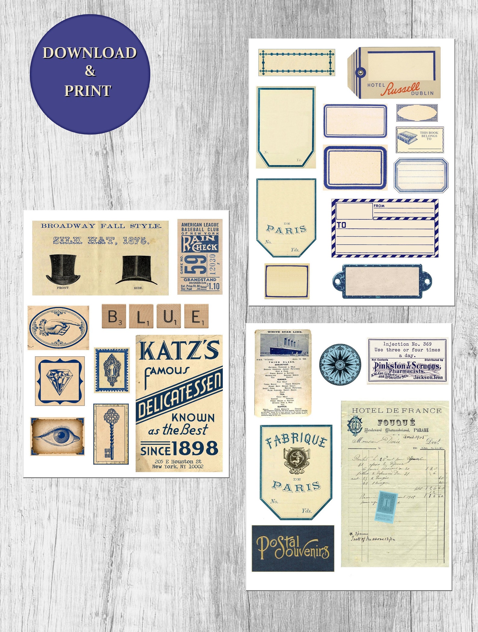 Blue Ephemera Pack Instant Download, Printable, Digital Collage, Diary ...