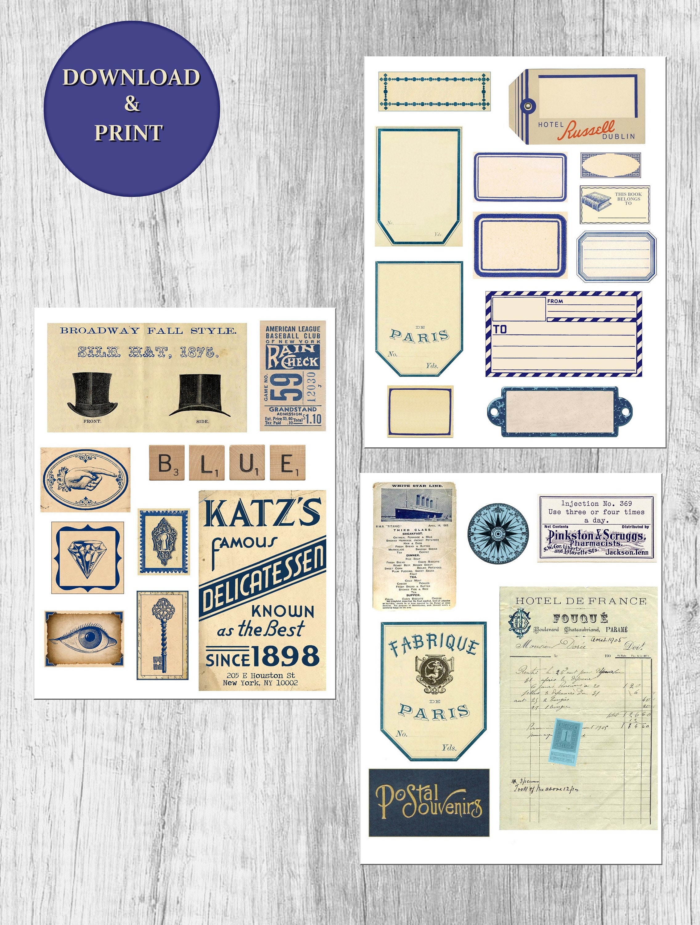 Blue Ephemera Pack Instant Download, Printable, Digital Collage, Diary ...